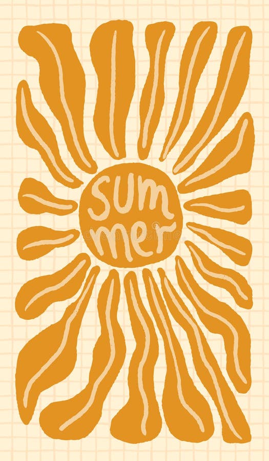 Boho Vector Sun with Hand Written Text Summer, Groovy Wavy Illustration ...