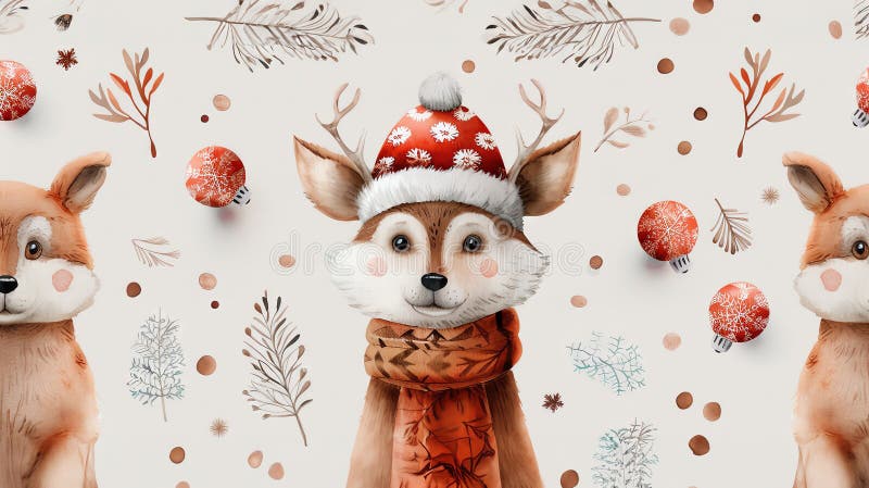 Boho Watercolor Christmas with Winter Animals Stock Illustration ...