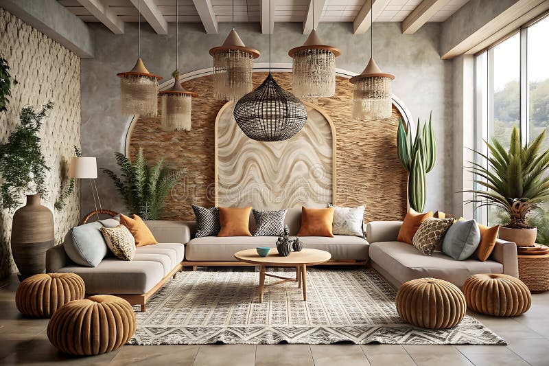 Modern Living Room with Boho Wave Sofas, Earthy Tones, Patterned ...