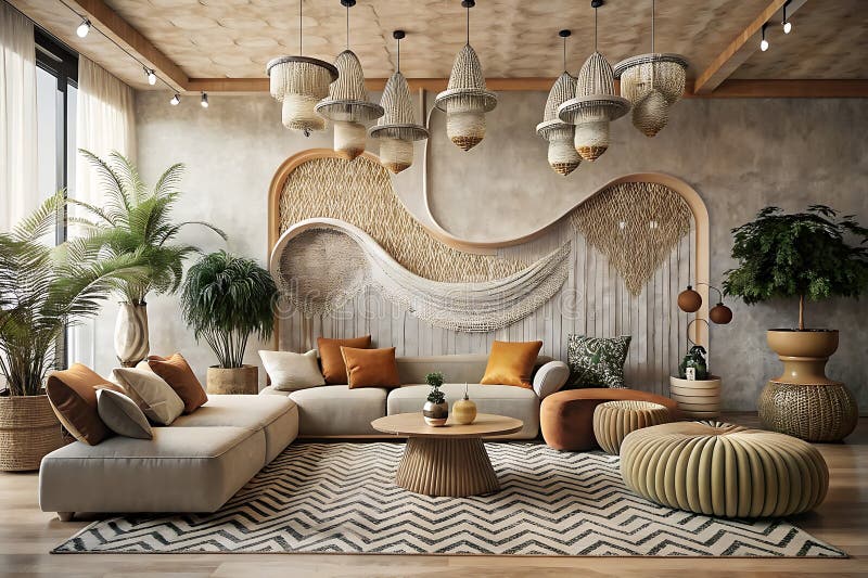 Boho Wave Sofas, Earthy Tones, Eclectic Cushions in Modern Living Space ...
