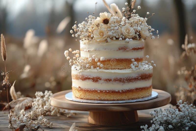 A Boho Wedding Cake on a Wooden Stand Stock Illustration - Illustration ...