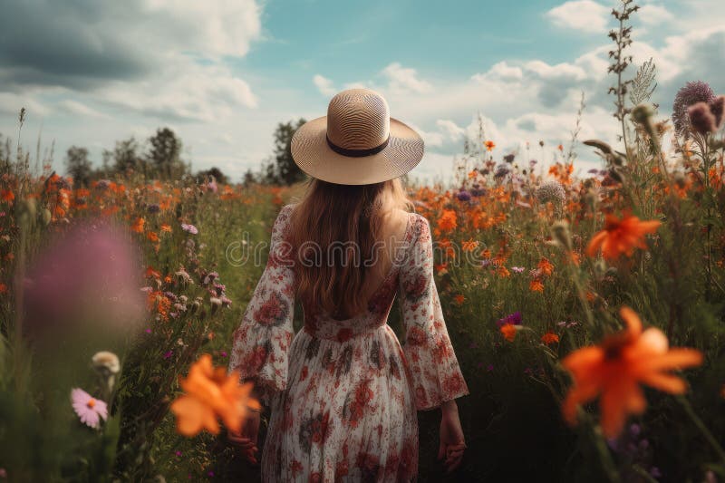 Boho Woman in Hat Seen from Behind . Flowers Field , Ai Generative ...
