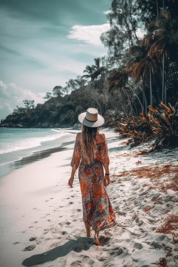 Boho Woman in Hat Seen from Behind . Tropical Beach, Ai Generative ...
