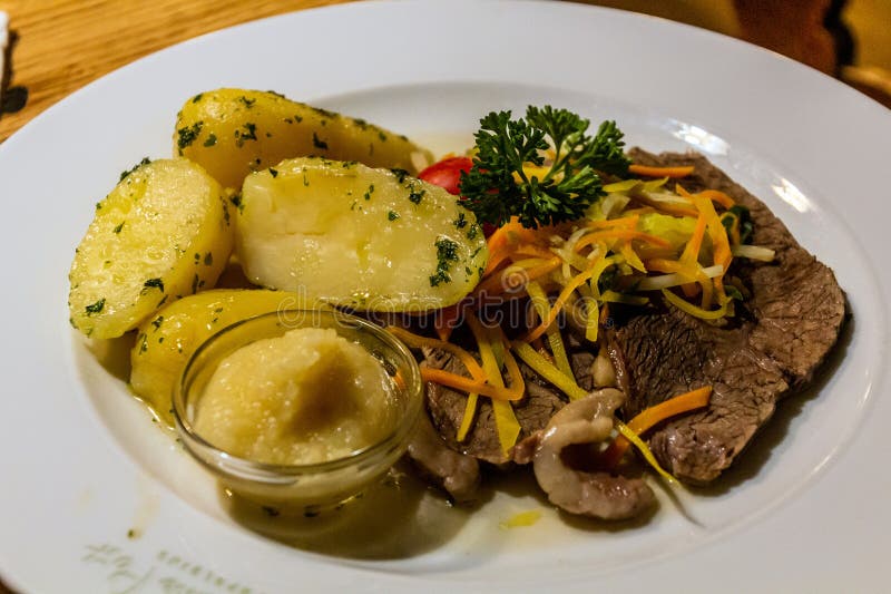 Boiled Beef, Potatoes and Vegetable, Meal in Bavaria, Germa Stock Photo ...