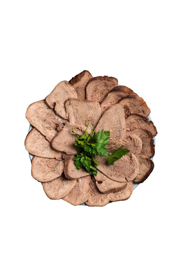 Boiled Beef Tongue with Greens and Mustard on a Plate. Top View ...