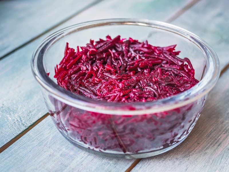 Boiled Grated Beetroot in a Glass Round Container Top View Stock Photo ...
