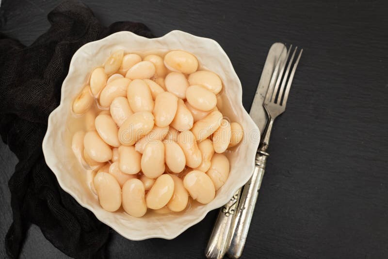 Boiled Big White Beans with Sauce on White Bowl Stock Photo - Image of ...