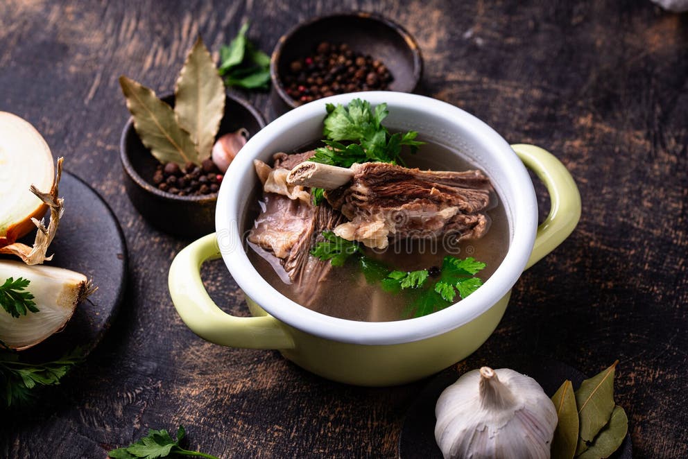 Boiled Bone Broth or Bouillon with Meat Stock Image - Image of parsley ...