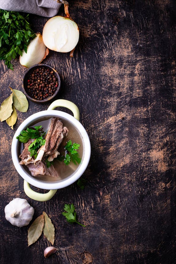 Boiled Bone Broth or Bouillon with Meat Stock Image - Image of meat ...