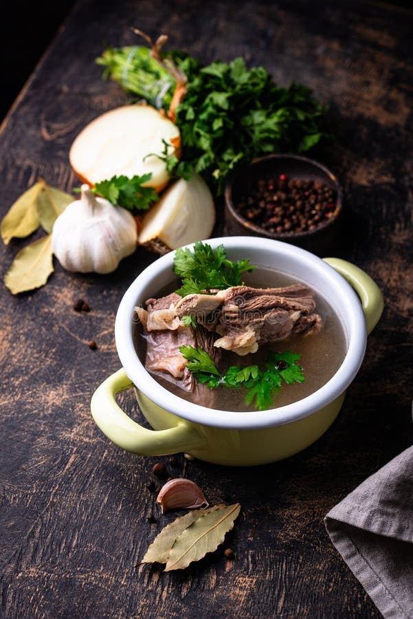 Boiled Bone Broth or Bouillon with Meat Stock Image - Image of onion ...