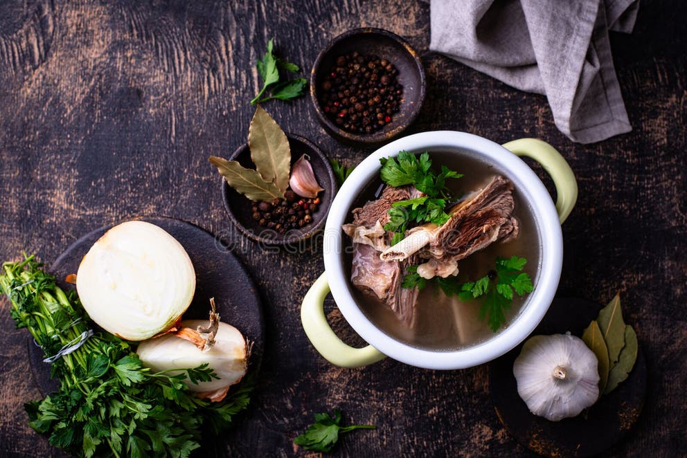 Boiled Bone Broth or Bouillon with Meat Stock Photo - Image of food ...