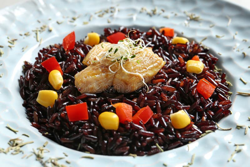 Boiled Brown Rice with Meat in White Plate . Stock Image - Image of ...