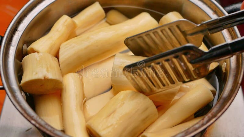 Boiled Cassava In Boiling Water With Sugar To Making Thai Dessert