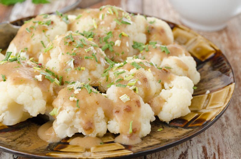Boiled Cauliflower with Sauce Closeup Stock Photo - Image of meal ...
