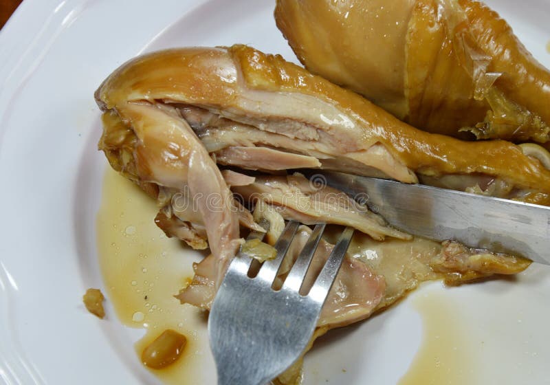 Boiled Chicken Leg in Fish Sauce Slicing by Knife Stock Image - Image ...