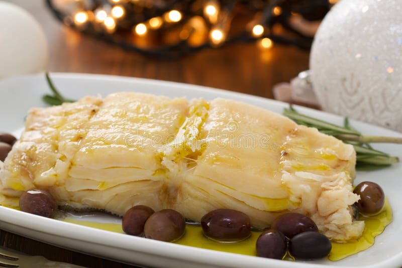 Boiled Cod Fish with Oil and Olives Stock Photo - Image of fillet ...