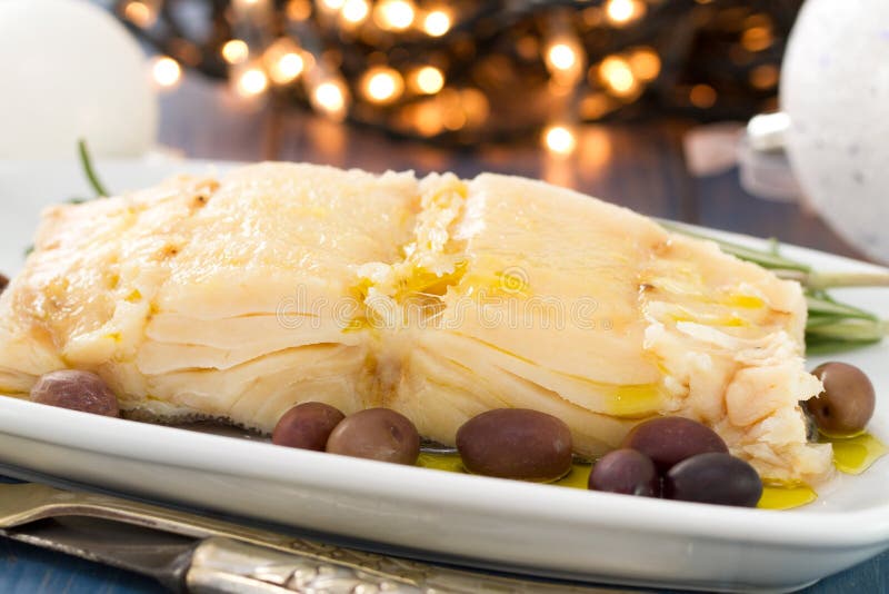 Boiled Cod Fish with Oil and Olives Stock Image - Image of boiled ...