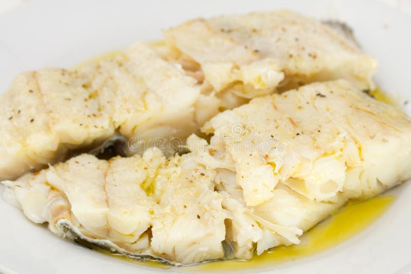 Boiled Cod Fish with Olive Oil Stock Image - Image of wooden, codfish ...