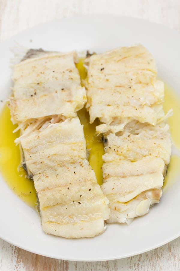Boiled Cod Fish with Olive Oil Stock Image - Image of white, dish: 63702055