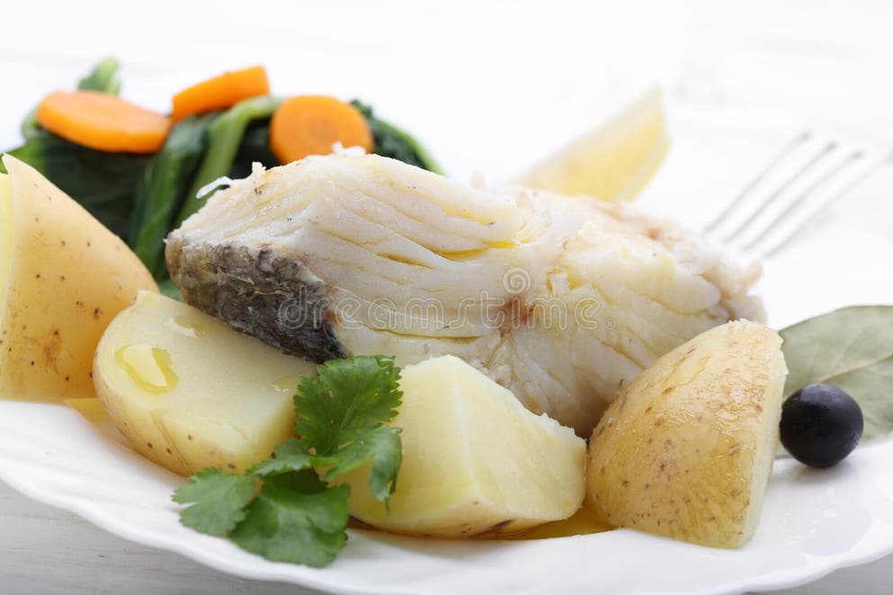 Boiled Cod Fish with Potatoes and Cole Stock Image - Image of aromatic ...