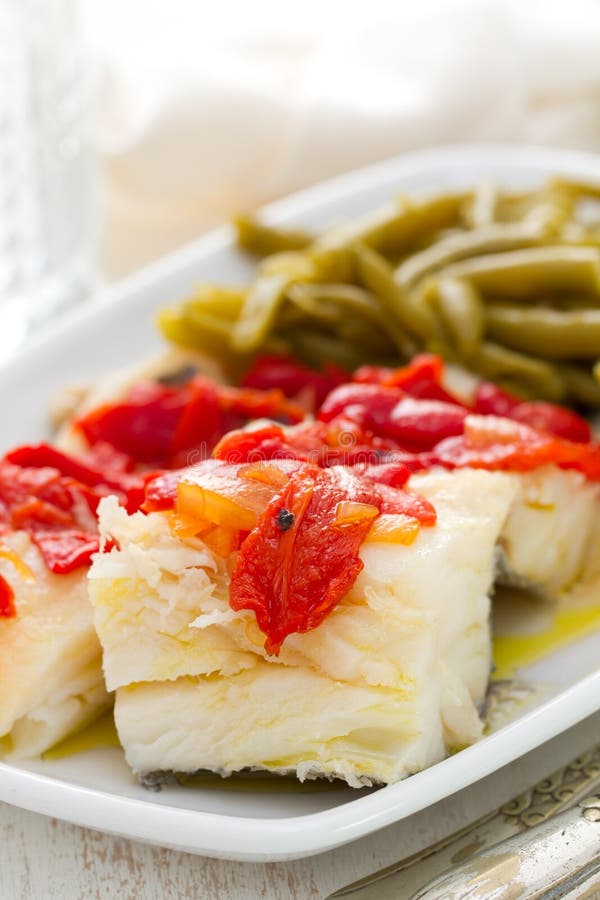 Boiled Cod Fish with Red Pepper and Green Beans Stock Image - Image of ...