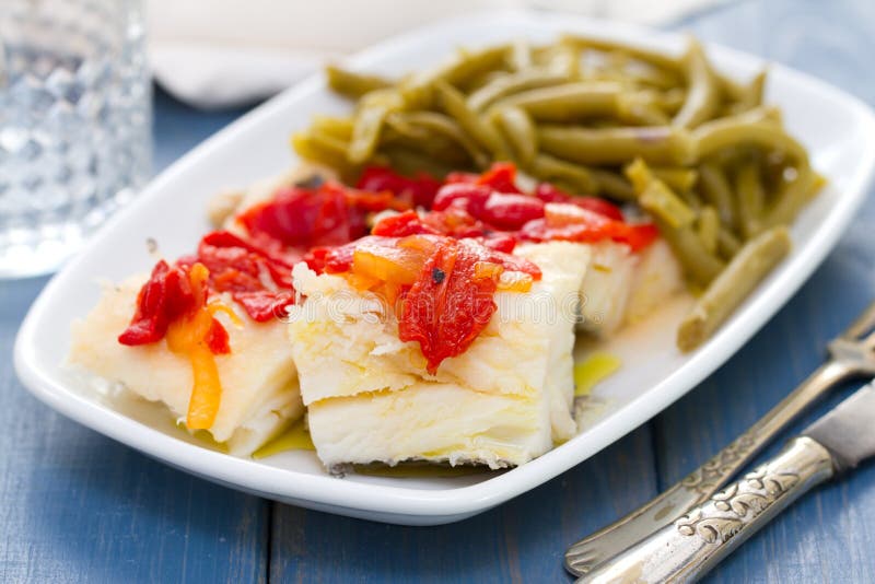 Boiled Cod Fish with Red Pepper and Green Beans Stock Photo - Image of ...