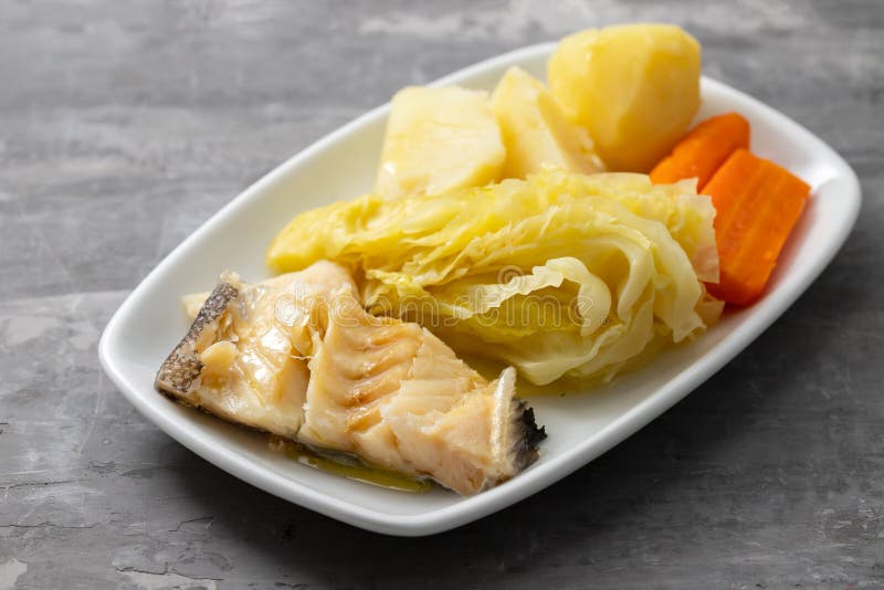 Boiled Cod Fish with Boiled Vegetables and Egg Stock Photo - Image of ...