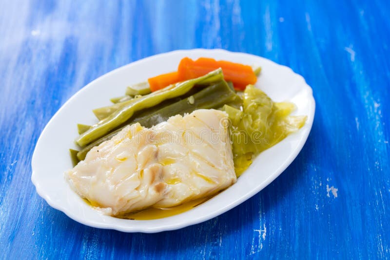 Boiled Cod Fish with Vegetables on White Dish Stock Photo - Image of ...