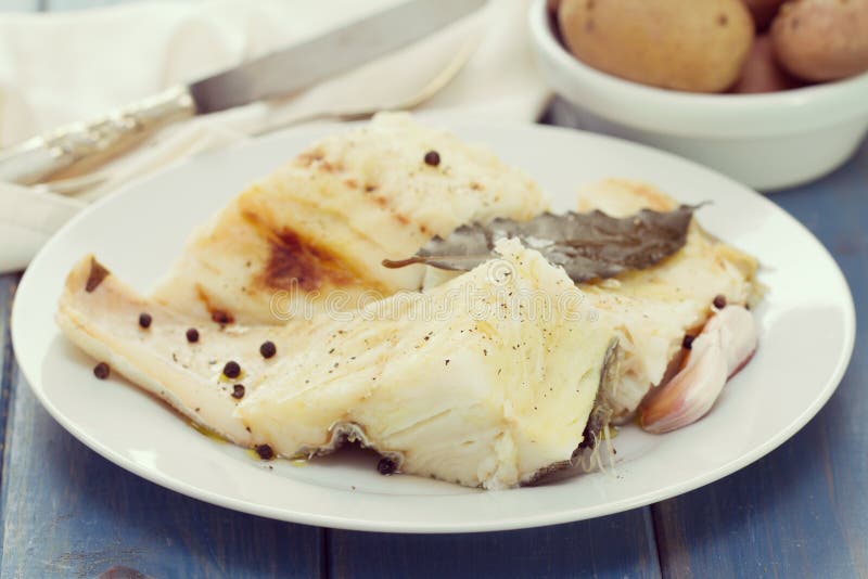 Boiled Cod Fish on White Plate Stock Image - Image of boiled, natural ...
