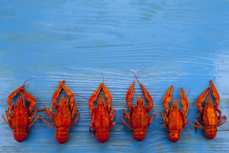 Boiled Cooked Crayfish on Blue Background, with Lemon and Dill Stock ...