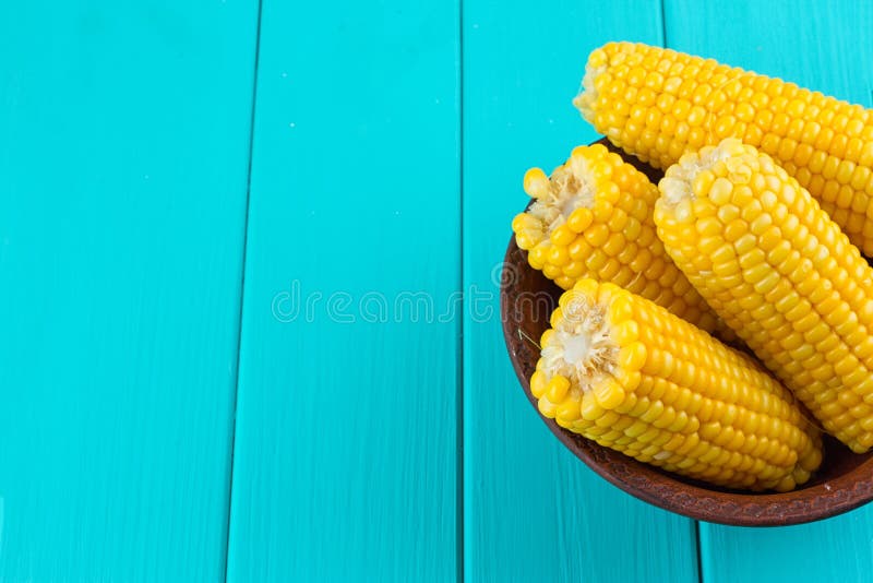 Boiled Corn on a Blue Background Stock Photo - Image of nutrition ...