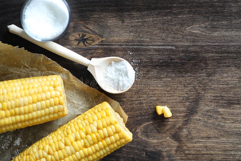 Boiled Corn Cob with Salt on a Wood Stock Photo - Image of grain, fresh ...