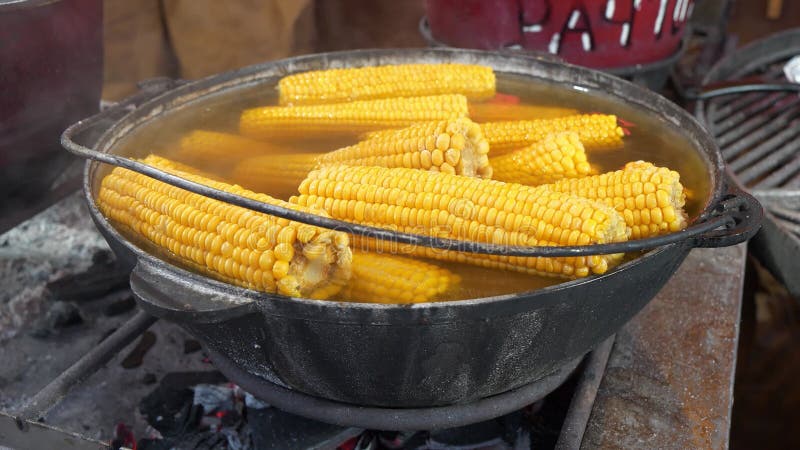 Boiled Corn Lies in Big Cauldron with Hot Water. Cooking an Open Fire ...