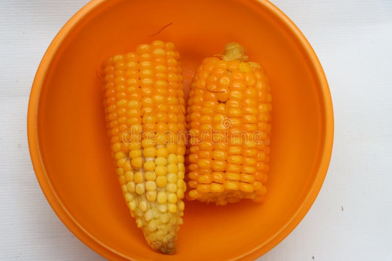 Boiled Corn in Orange Plate, Appetizer or Snack Stock Image - Image of ...
