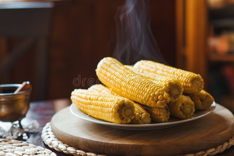 Boiled Corn on a Plate in the Kitchen. Stock Photo - Image of ripe ...