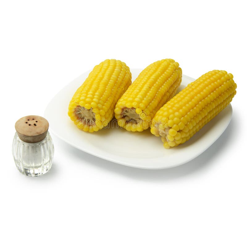 Boiled Corn on White Plate and Salt Stock Photo - Image of healthy ...