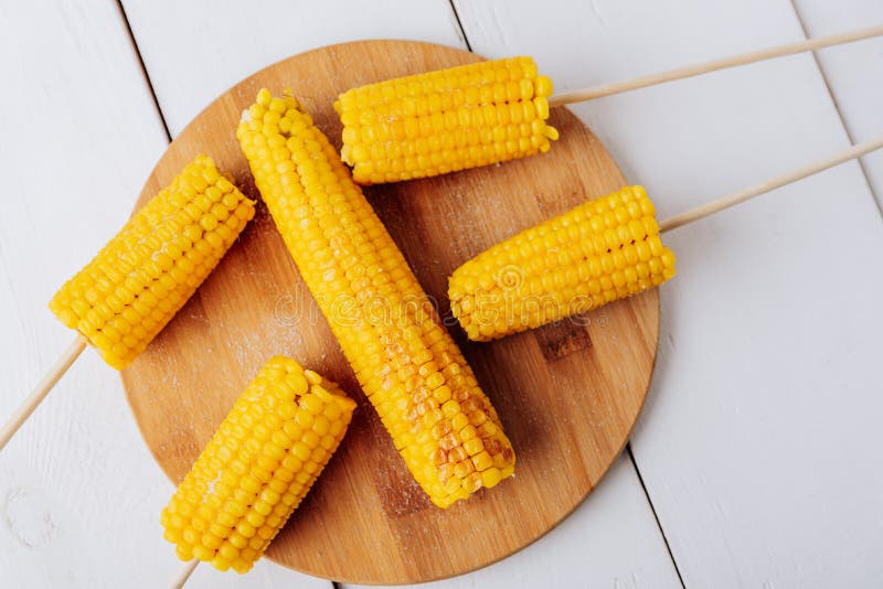 Boiled Corn on a White Wooden Natural Background Stock Image - Image of ...