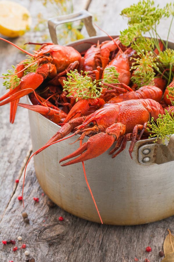 Boiled Crayfish with Dill on an Old Metal Pan, Wooden Background. Style ...