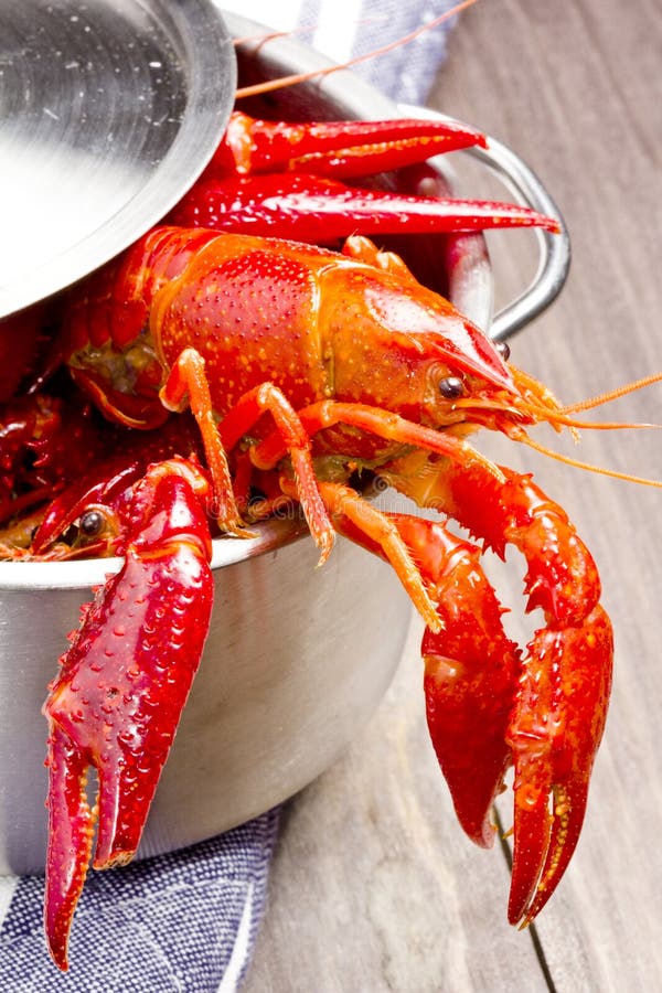 Boiled Crayfish in Steel Pot on Wooden Table Stock Photo - Image of ...