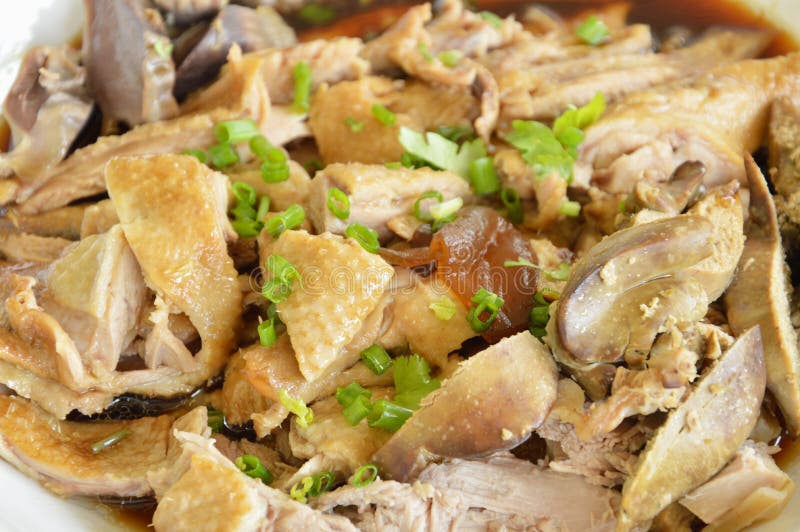 Boiled Duck in Brown Soup Slice and Topping Chop Spring Onion on Plate ...