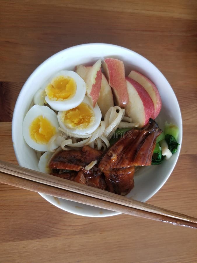 Boiled Egg with Apple Slices and BBQ Duck Stock Image - Image of duck ...