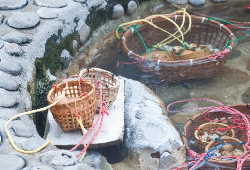Boiled eggs at hot spring. stock image. Image of bamboo - 26652321