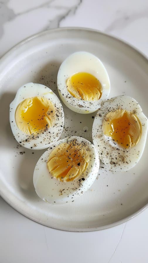 Boiled Eggs with Runny Yolk and Pepper on a White Plate Stock Image ...