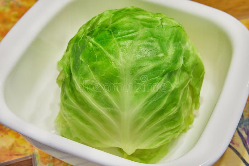 Boiled Head Cabbage is Ready for Cooking in White Dish Stock Photo ...