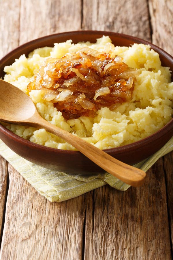 Boiled Mashed Potatoes with Caramelized Onions Close-up on a Plate ...