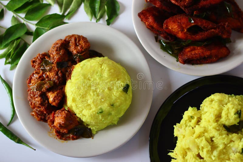 Boiled and Mashed Tapioca Served with Spicy Chicken Curry and Crispy ...