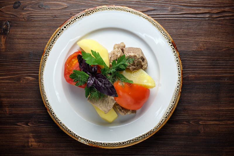 Boiled Meat with a Side Dish and Vegetables . Restaurant Menu Stock ...