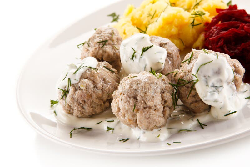 Boiled Meatballs, Mashed Potatoes and Vegetables Stock Image - Image of ...