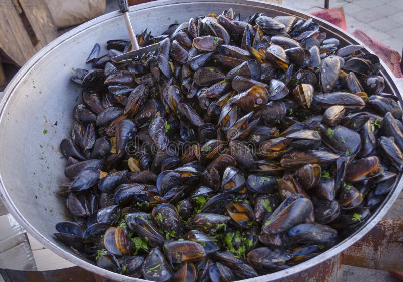 Boiled Mussels in a Copper Cup. Seafood Near Stock Photo - Image of ...