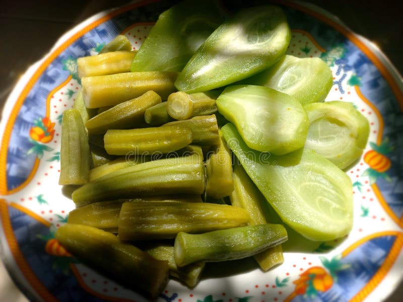 Boiled Okra and Chayote Served on a Plate Stock Image - Image of diet ...